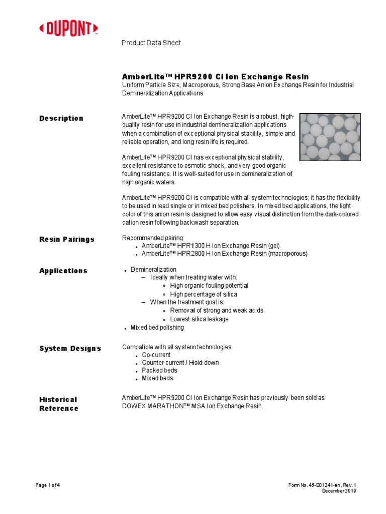 AmberLite™ HPR9200 CL Ion Exchange Resin | PDF | Ion Exchange | Du Pont