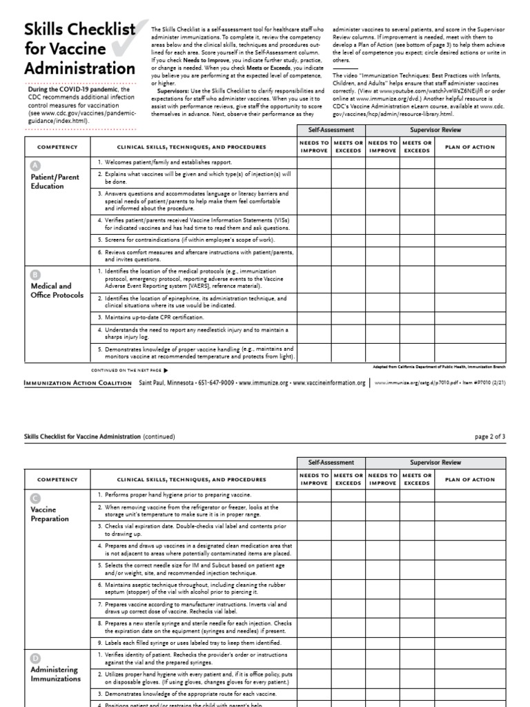 Checklist for Vaccine Administration Skills | PDF | Injection (Medicine ...