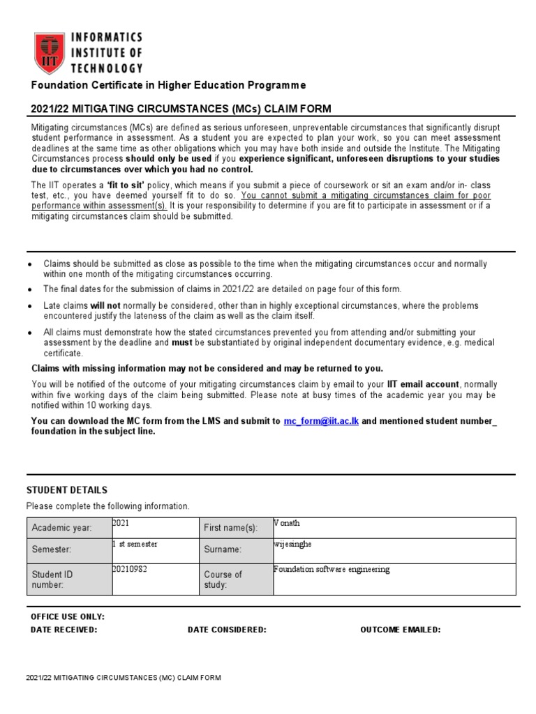 Foundation Certificate in Higher Education Programme 2021/22 Mitigating ...