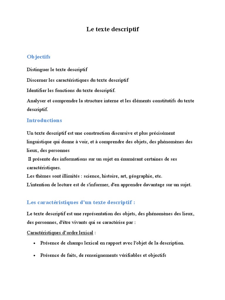 Caractéristiques du texte descriptif | PDF | Verbe | Sujet (Grammaire)