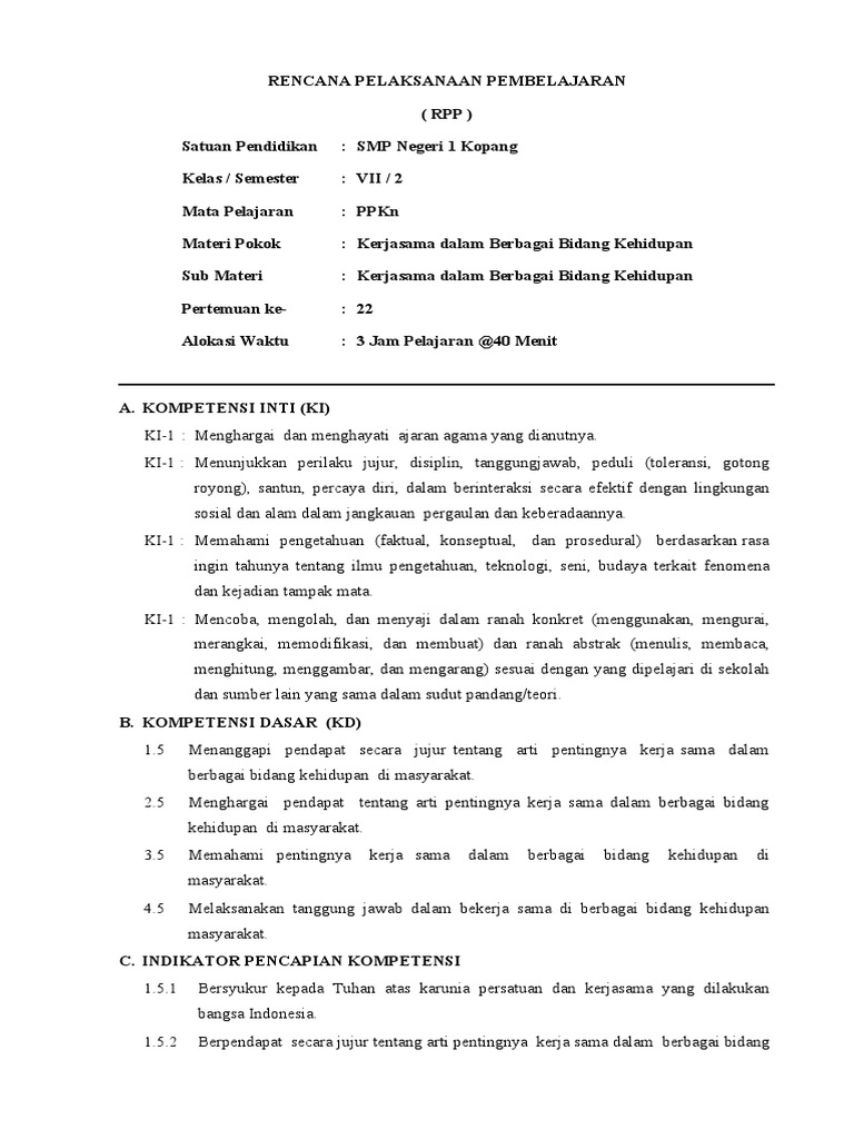 RPP PPKN KLS 7 - (Bab 5) | PDF