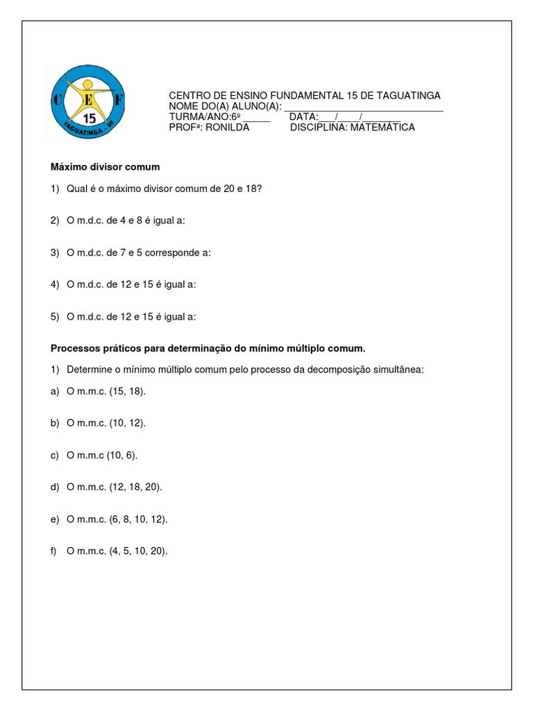 Atividade Sobre Máximo Divisor Comum e Mínimo Múltiplo Comum | PDF