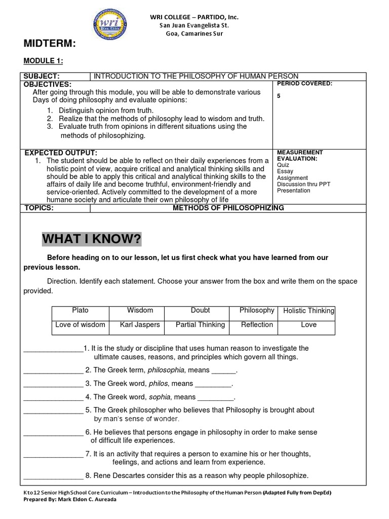 Intro. To Philosophy - Module 1-4 (Week 5-8) | PDF | Truth | Reason