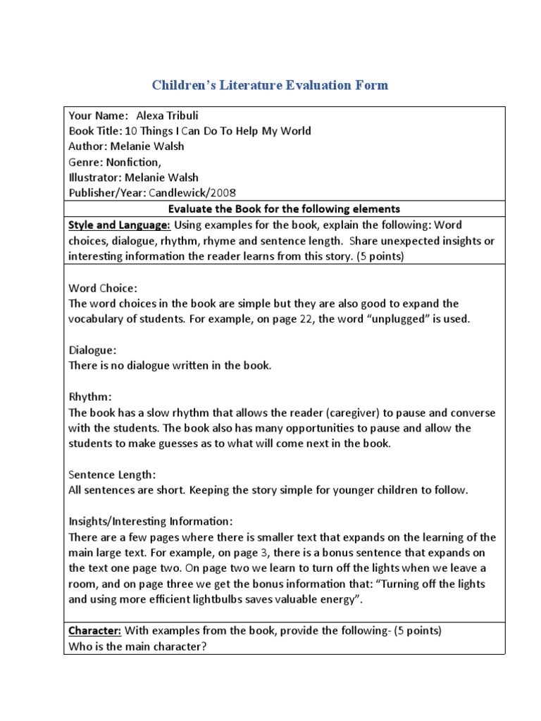 Children Literature Evaluation Form Picture Book | Download Free PDF ...