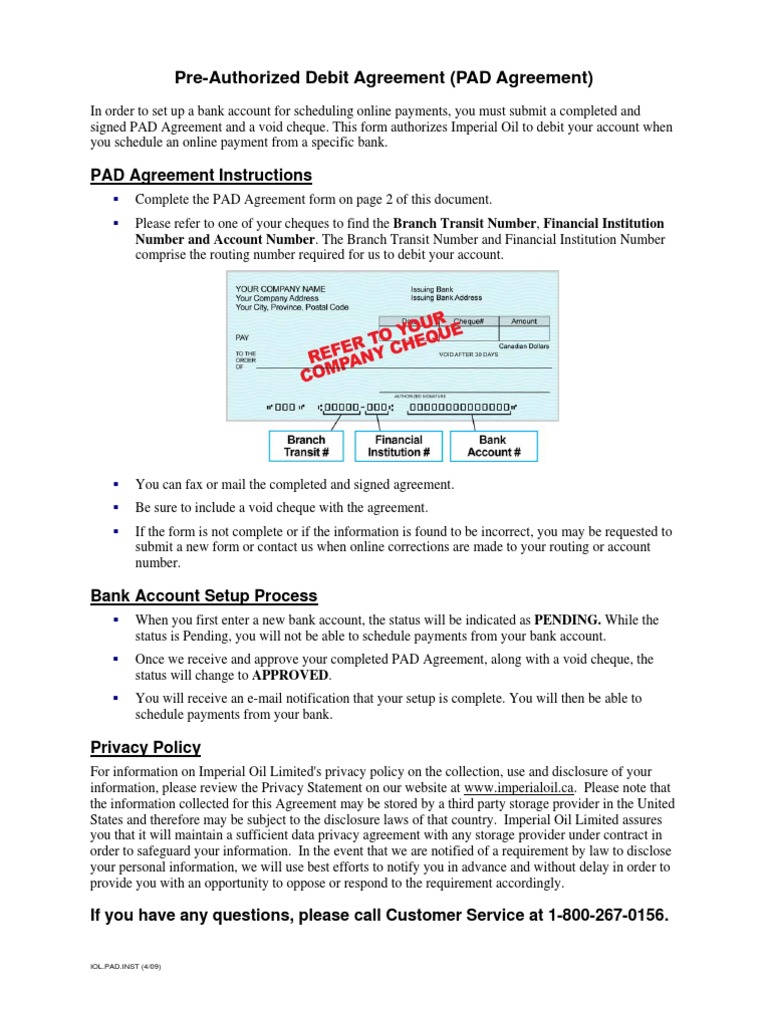 PAD Agreement and Instructions | Cheque | Debit Card