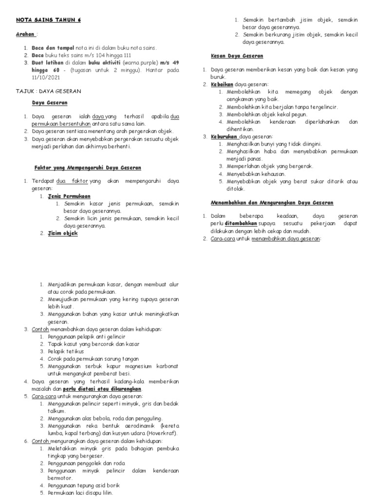 NOTA SAINS TAHUN 6-Geseran | PDF