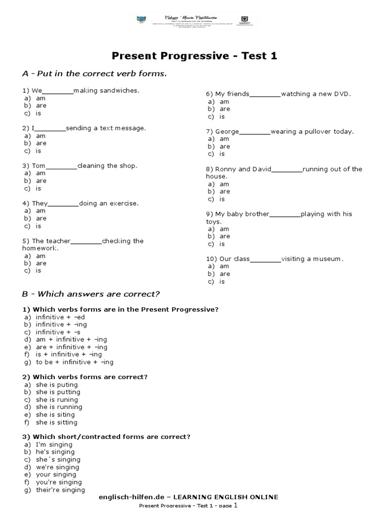 Present Progressive Test 1 | PDF