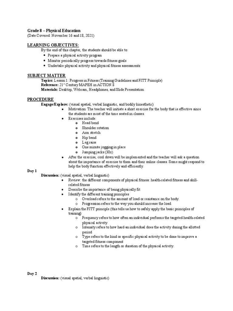 Grade 8 - Physical Education | PDF | Physical Fitness | Physical Education