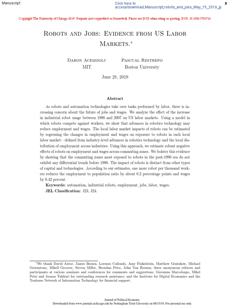 Robots And Jobs Acemoglu 2019 PDF Labour Economics Automation