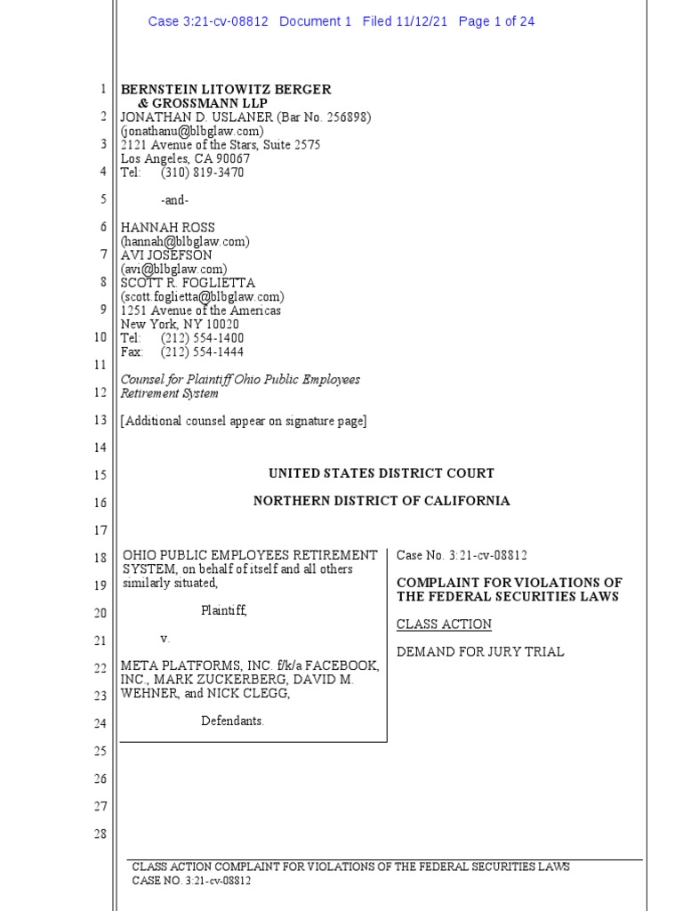 Facebook Securities Class Action Lawsuit | PDF | Facebook | Class Action