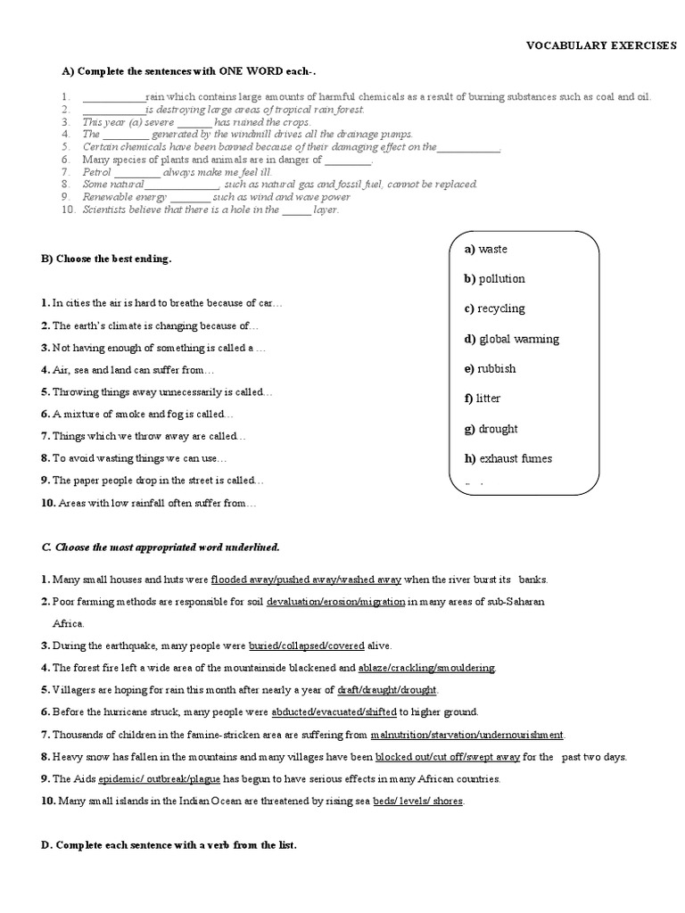 A) Waste B) Pollution C) Recycling D) Global Warming E) Rubbish F ...