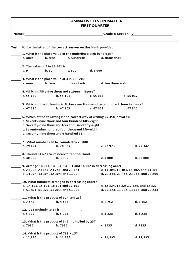 Summative Test MATH 4 - Q1 | PDF | Mathematics | Arithmetic