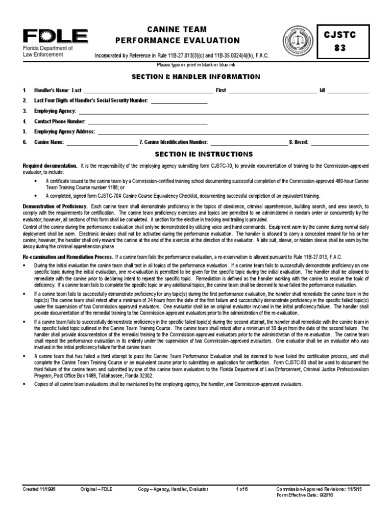 FDLE Canine Team Performance Evaluation CJSTC-83 | PDF | Police Dog