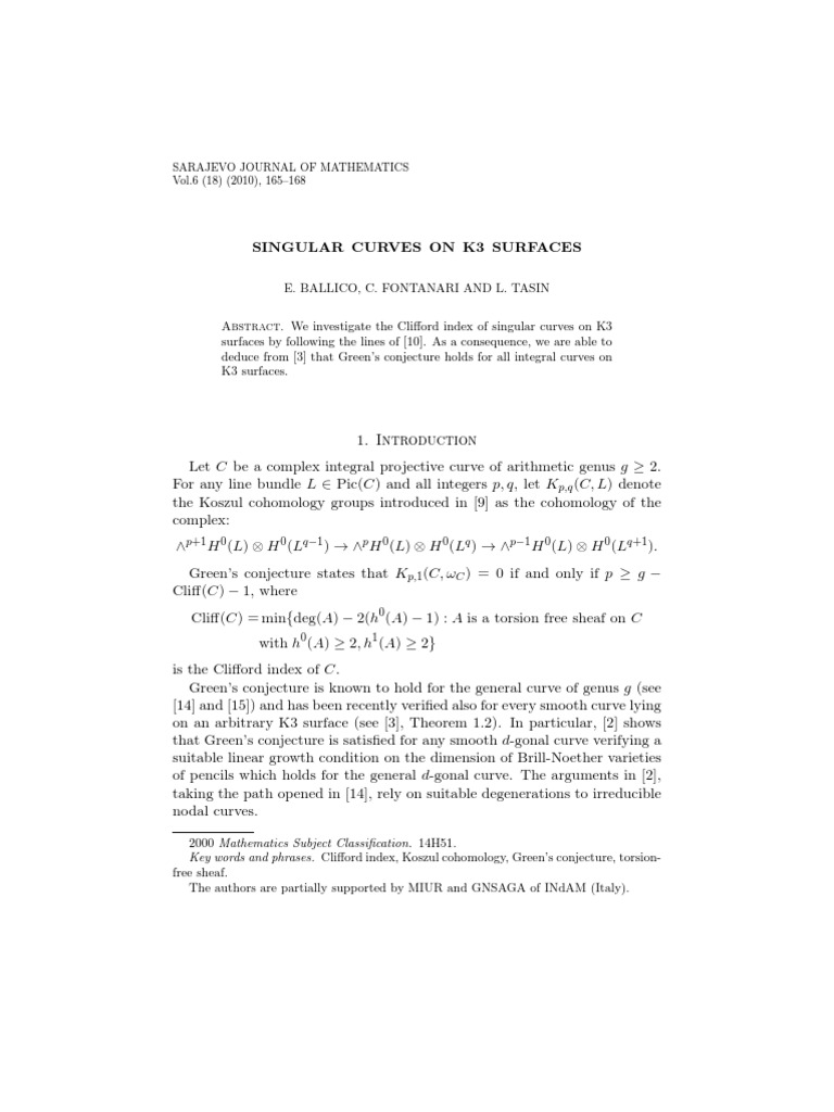 Singular Curves On K3 Surfaces: 2. Pic (C) and All Integers P, Q, Let K | PDF | Abstract Algebra ...
