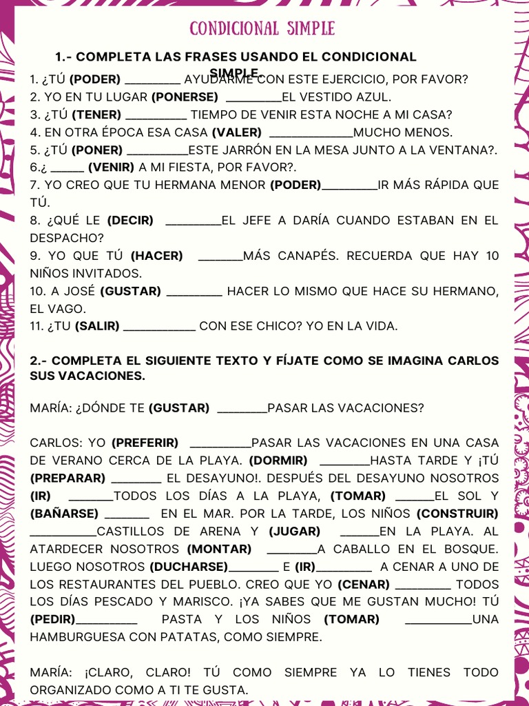 Ejercicios de Condicional Simple | PDF | Artes del Lenguaje y ...