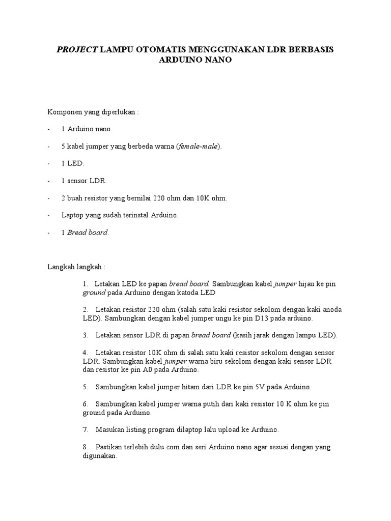 Proyek Lampu Otomatis LDR Arduino | PDF