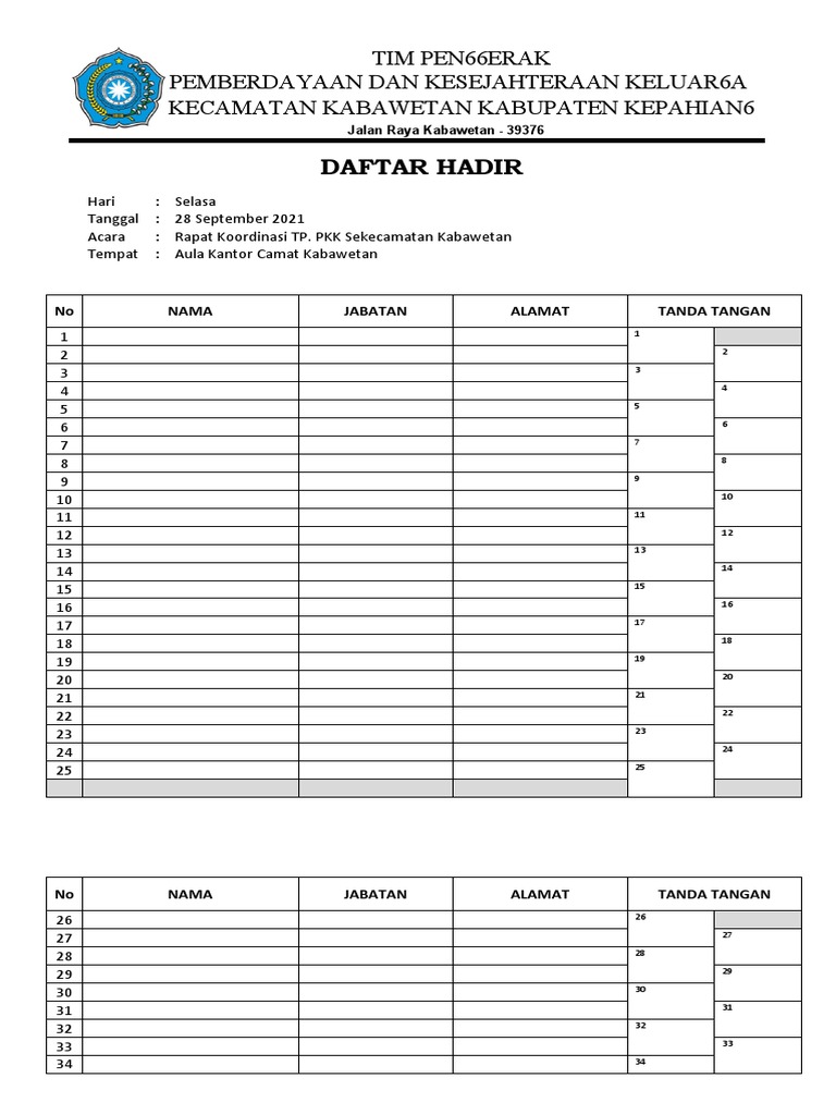 Daftar Hadir PKK Banyak | PDF