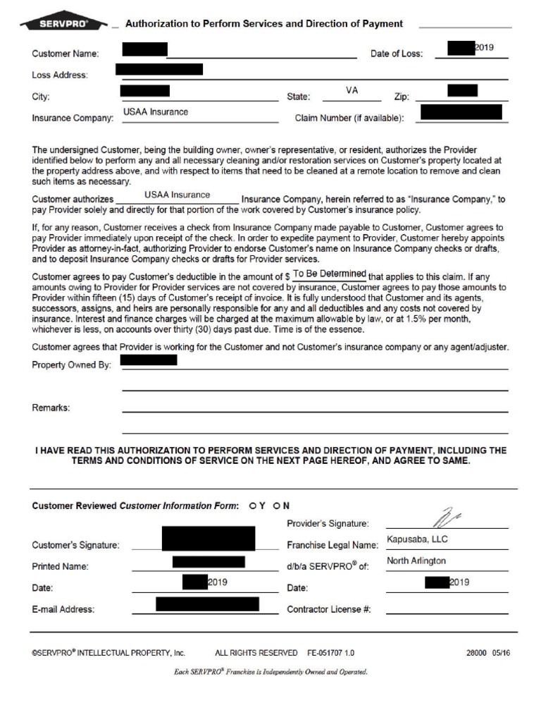 ServPro Unconscionable Contract - 28000 - Auth To Perform Services and ...