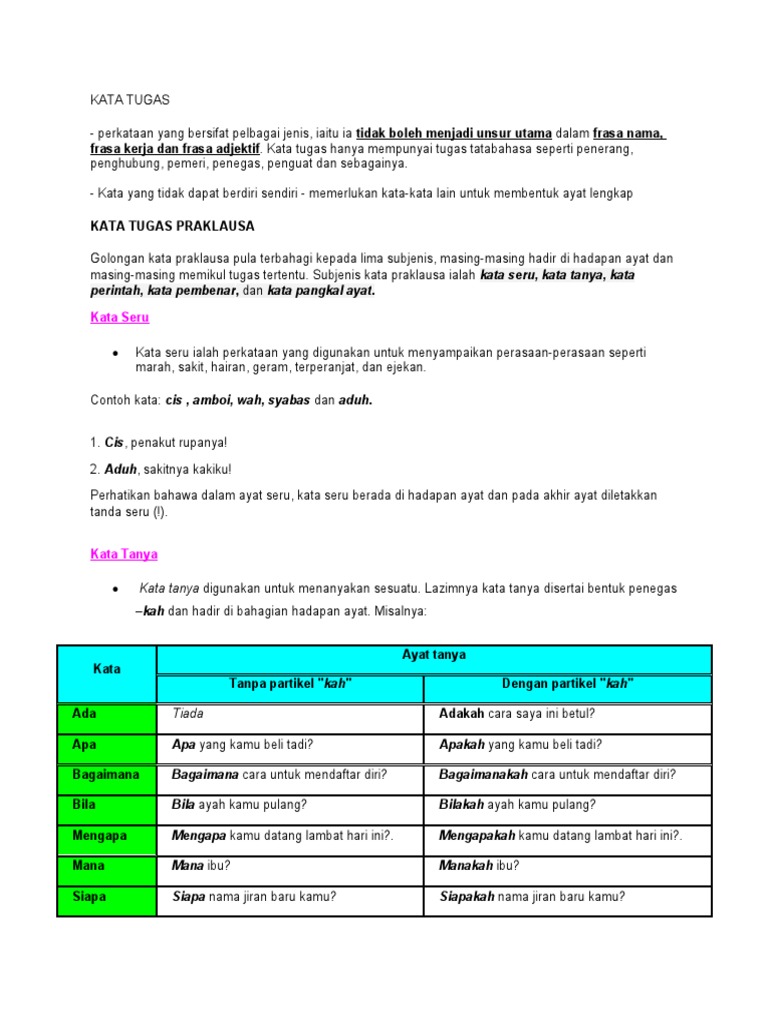 Jenis dan Contoh Kata Tugas Melayu | PDF