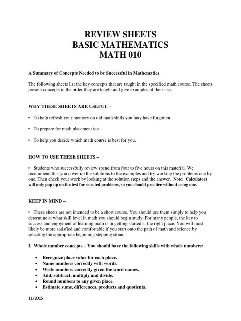 Review Sheets Basic Mathematics MATH 010: A Summary of Concepts Needed ...