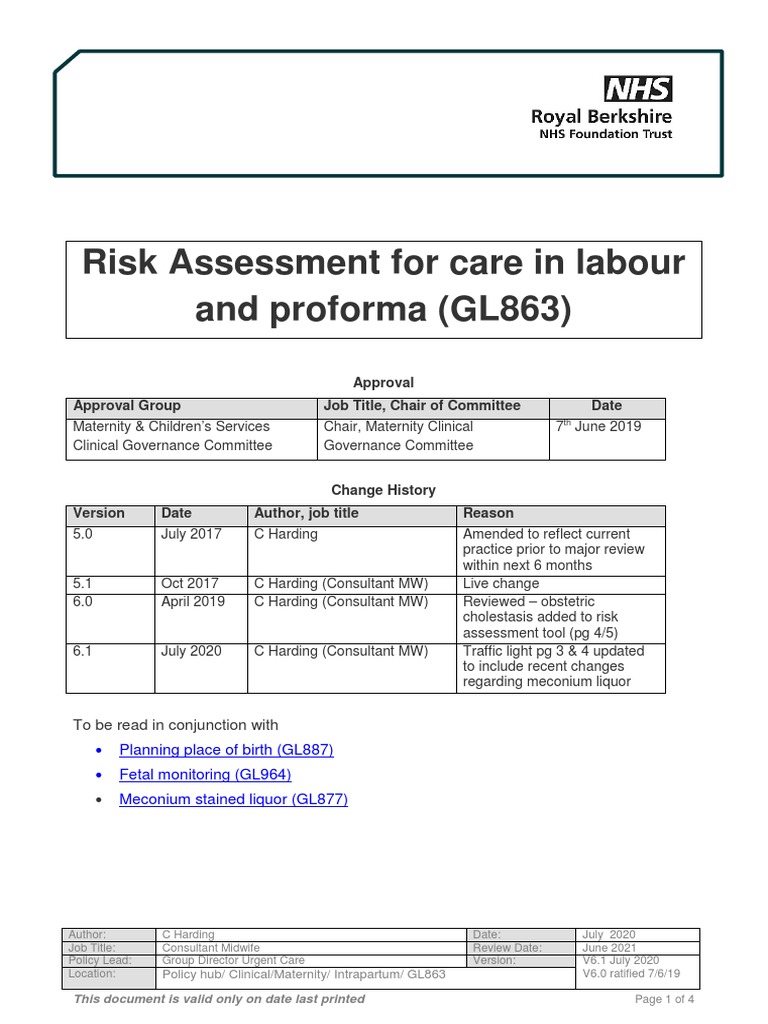 Labour Risk Assessment - V6.1 - GL863 - JUL20 | PDF | Childbirth ...
