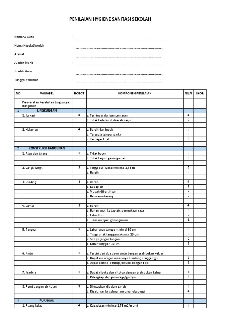 Penilaian Hygiene dan Sanitasi Sekolah | PDF