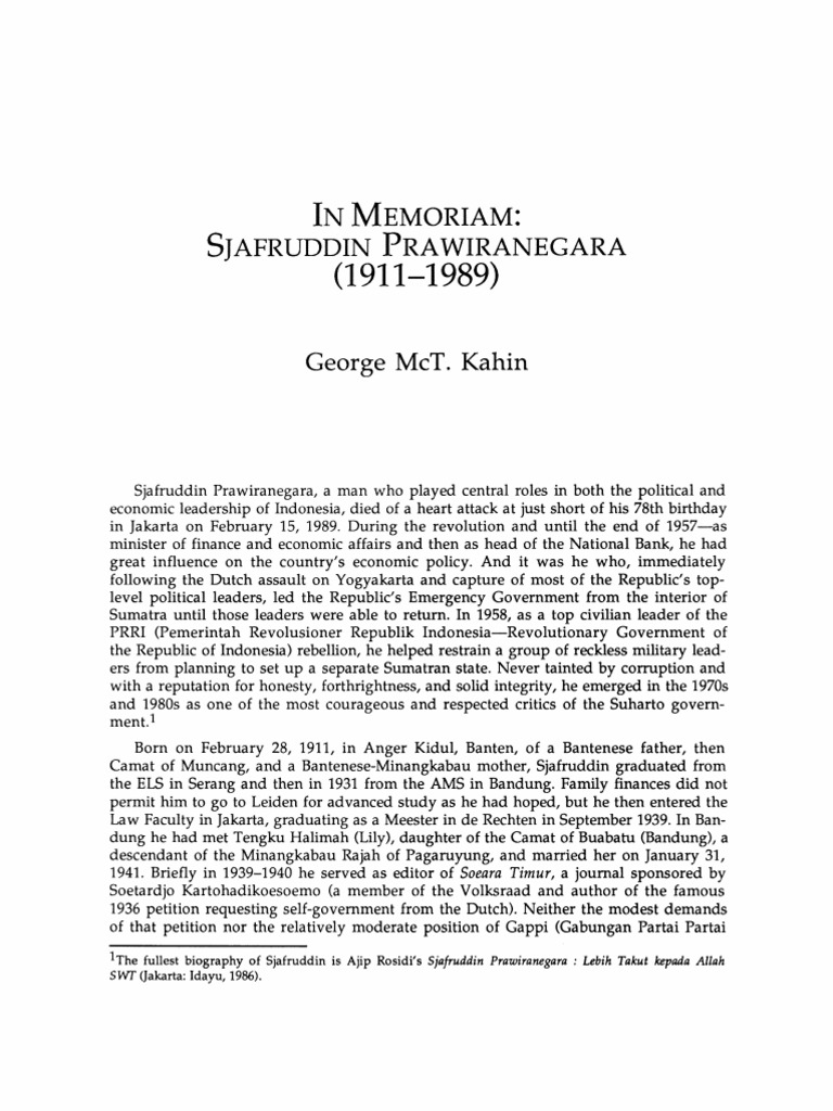 In Memoriam: Sjafruddin Prawiranegara: George Mct. Kahin | PDF ...