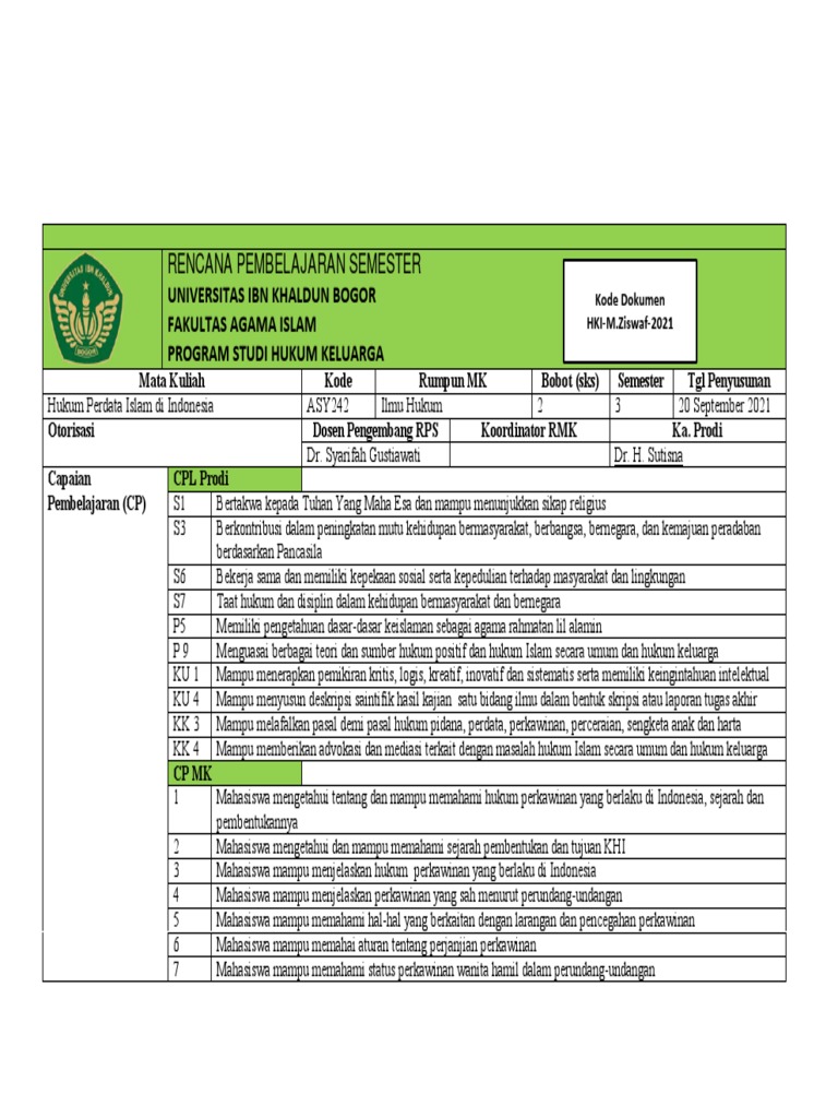 Rps Hukum Perdata Islam Hki 2021 | PDF