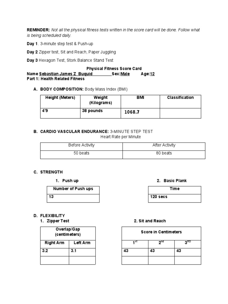 Physical Fitness Score Card | PDF | Recreation | Physical Exercise