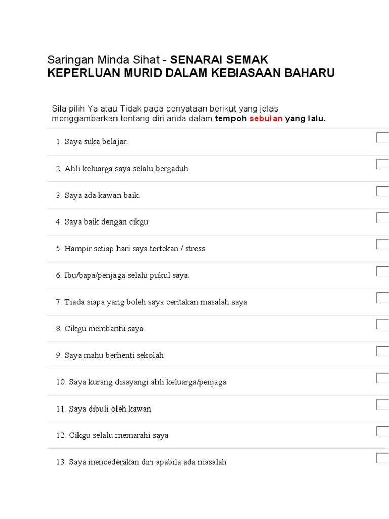 Saringan Minda Sihat Senarai Semak | PDF