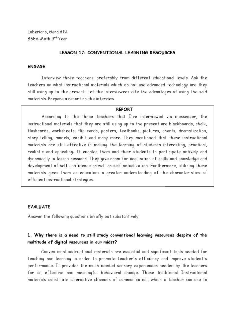 Lesson 17: Conventional Learning Resources Engage | PDF | Learning ...