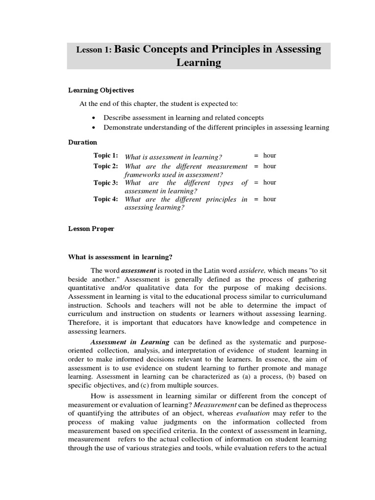Basic Concepts and Principles in Assessing Learning: Lesson 1 | PDF | Educational Assessment ...