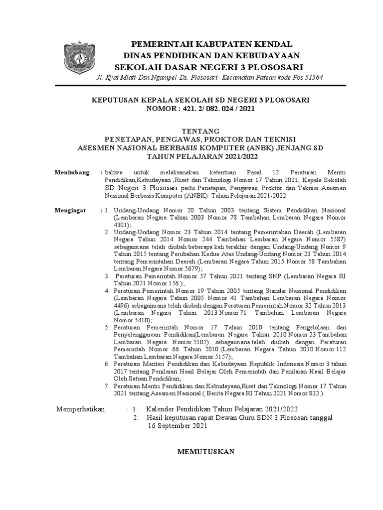 SK Susunan Panitia, Pengawas, Proktor Dan Teknisi ANBK (EUISAWANGSIH) | PDF