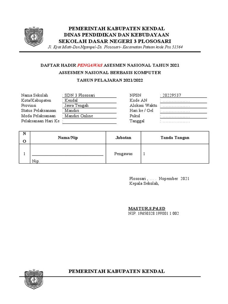 Daftar Hadir Pengawas, Proktor, Teknisi Anbk 2021 | PDF