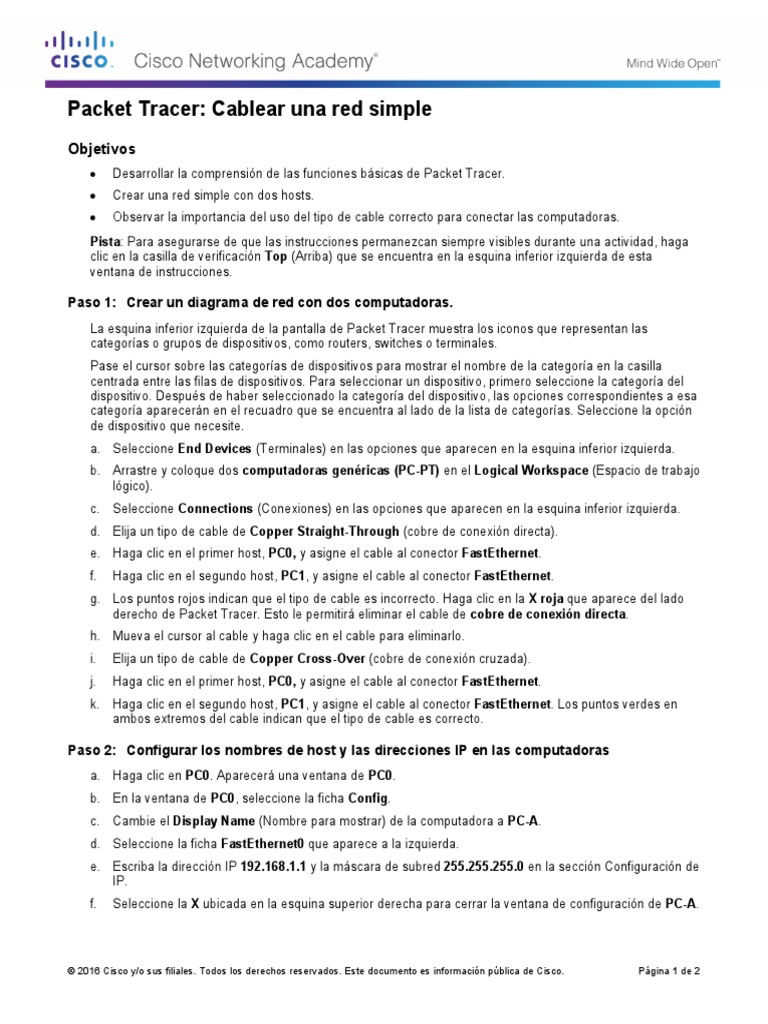 01 Packet Tracer - Cablear Una Red Simple | PDF | Dirección IP | Red de arquitectura