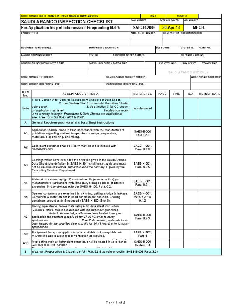 Saudi Aramco Inspection Checklist: Pre-Application Insp of Intumescent ...