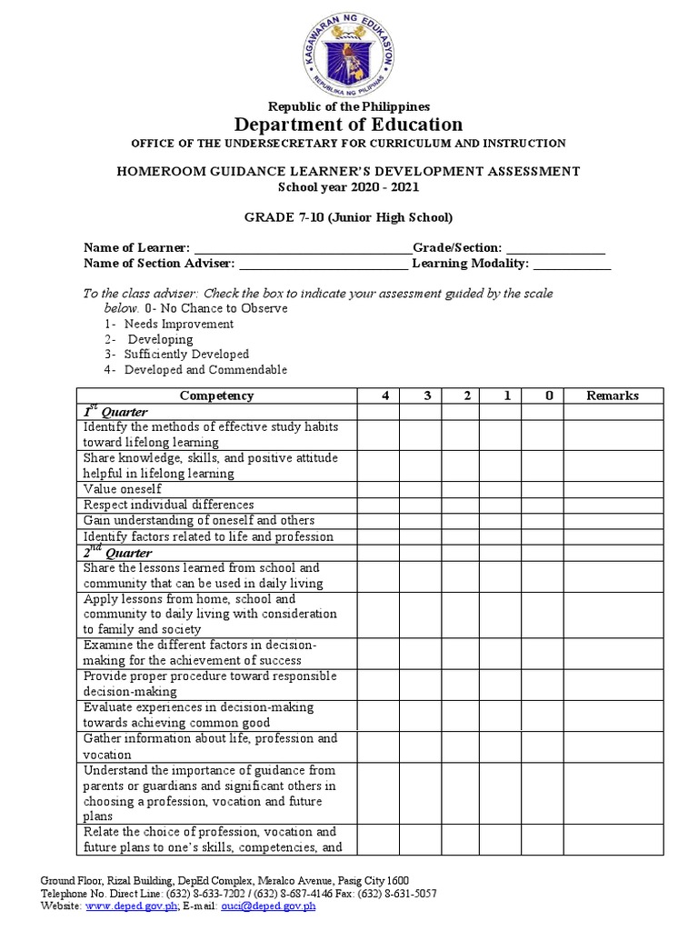 Homeroom Guidance Learners Development Assessment Junior High School 1 ...