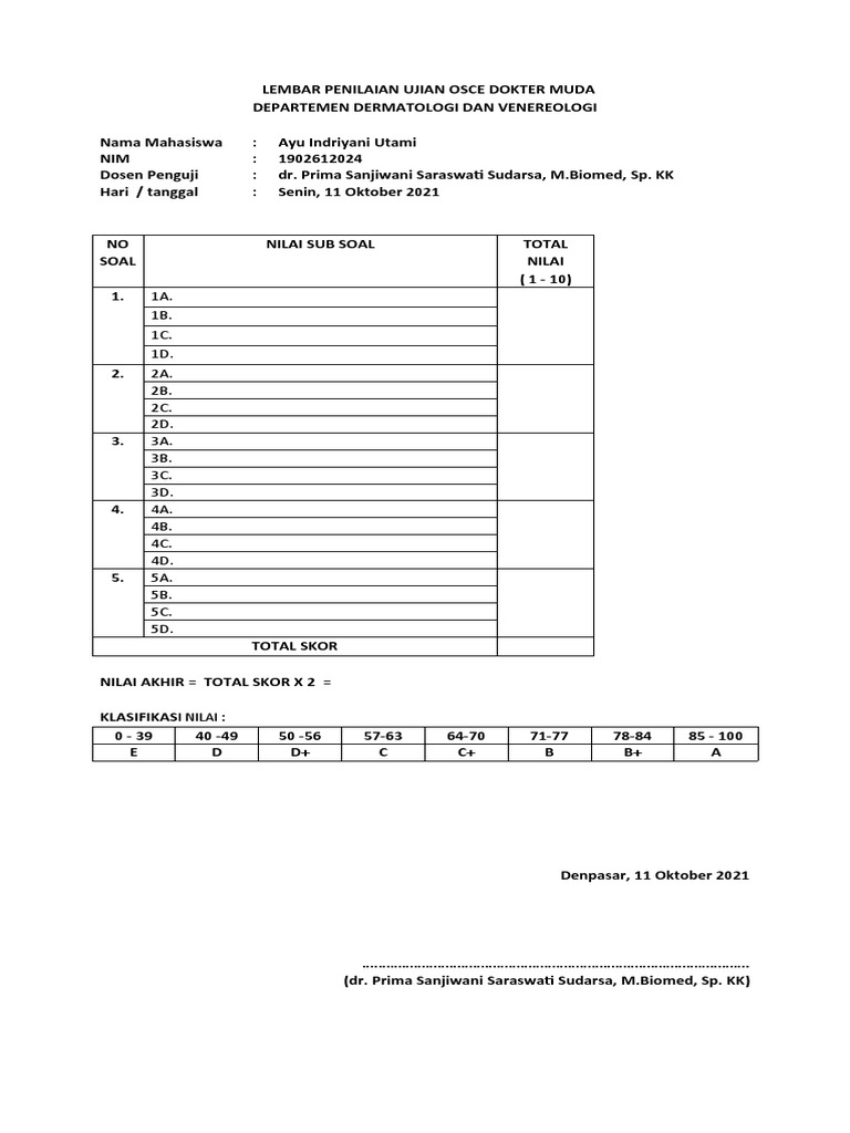 Lembar Penilaian OSCE - Ayu Indriyani Utami - 1902612024 | PDF