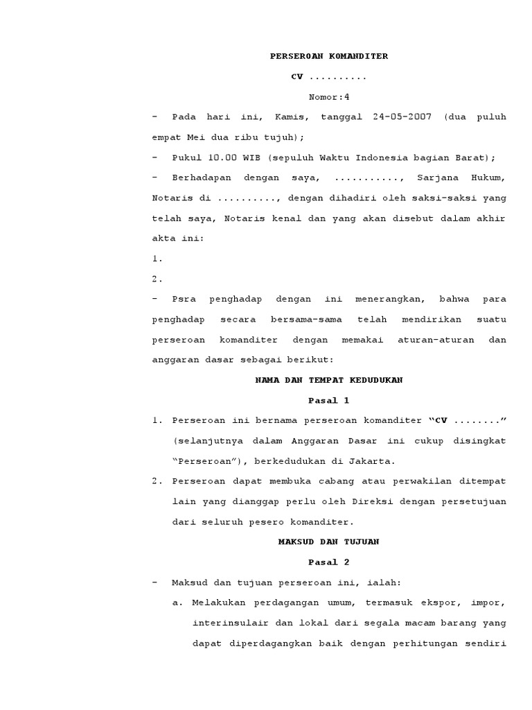 Contoh - Akta PENDIRIAN CV | PDF