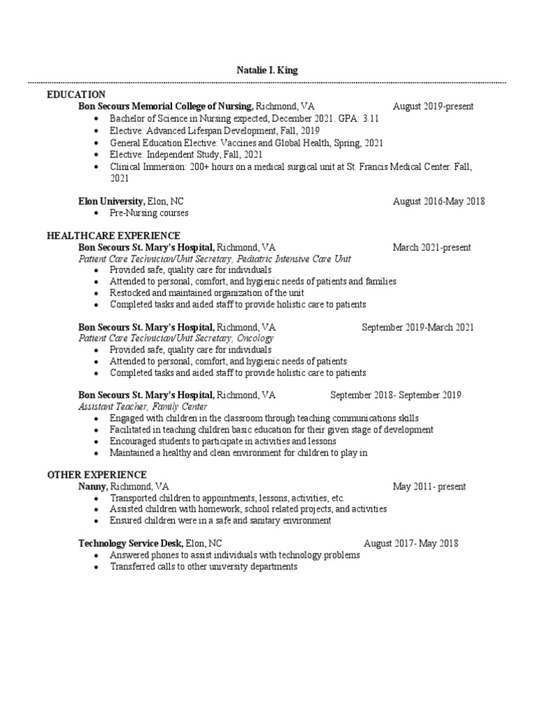 Bon Secours Resume Post-Grad Portfolio | PDF | Hospital | Patient