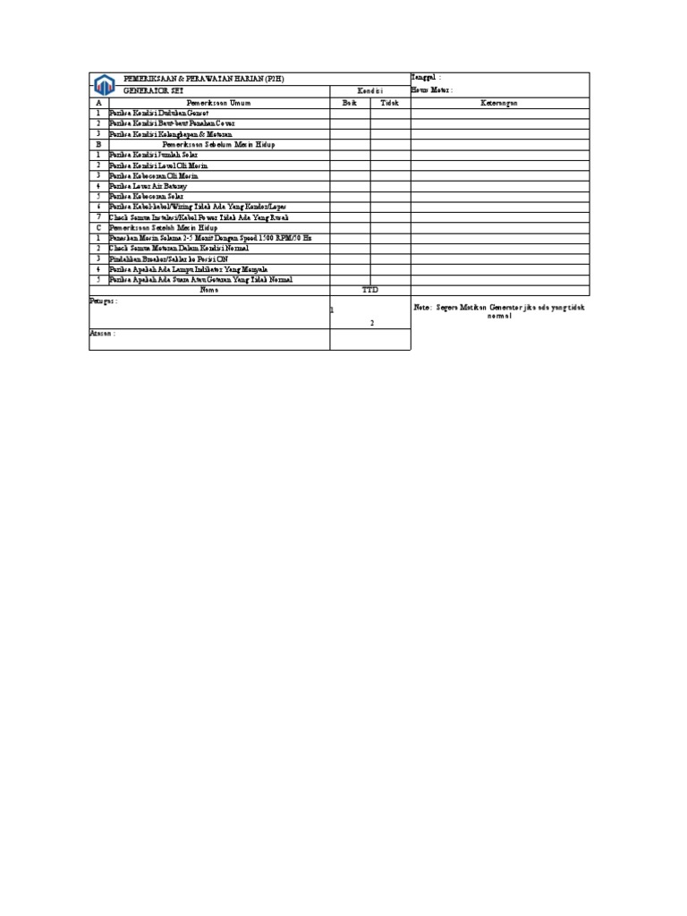 Form P2H Pemeriksaan Genset Harian | PDF