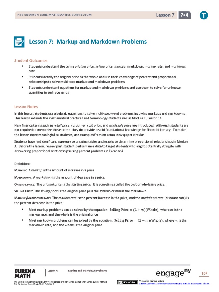 Lesson 7: Markup and Markdown Problems: Student Outcomes | Download ...
