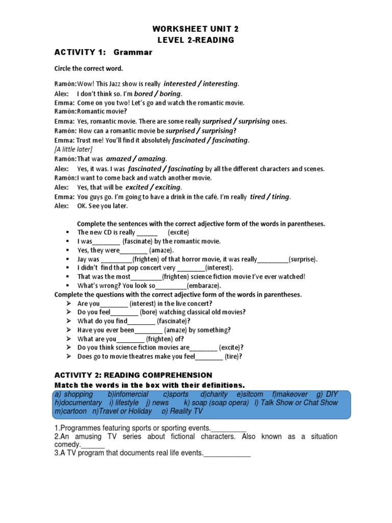 Interested / Interesting Bored / Boring: Worksheet Unit 2 Level 2 ...