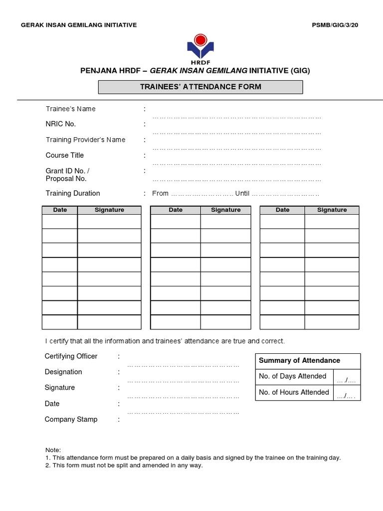 Trainee Attendance Form for HRDF GIG | PDF | Finance & Money Management