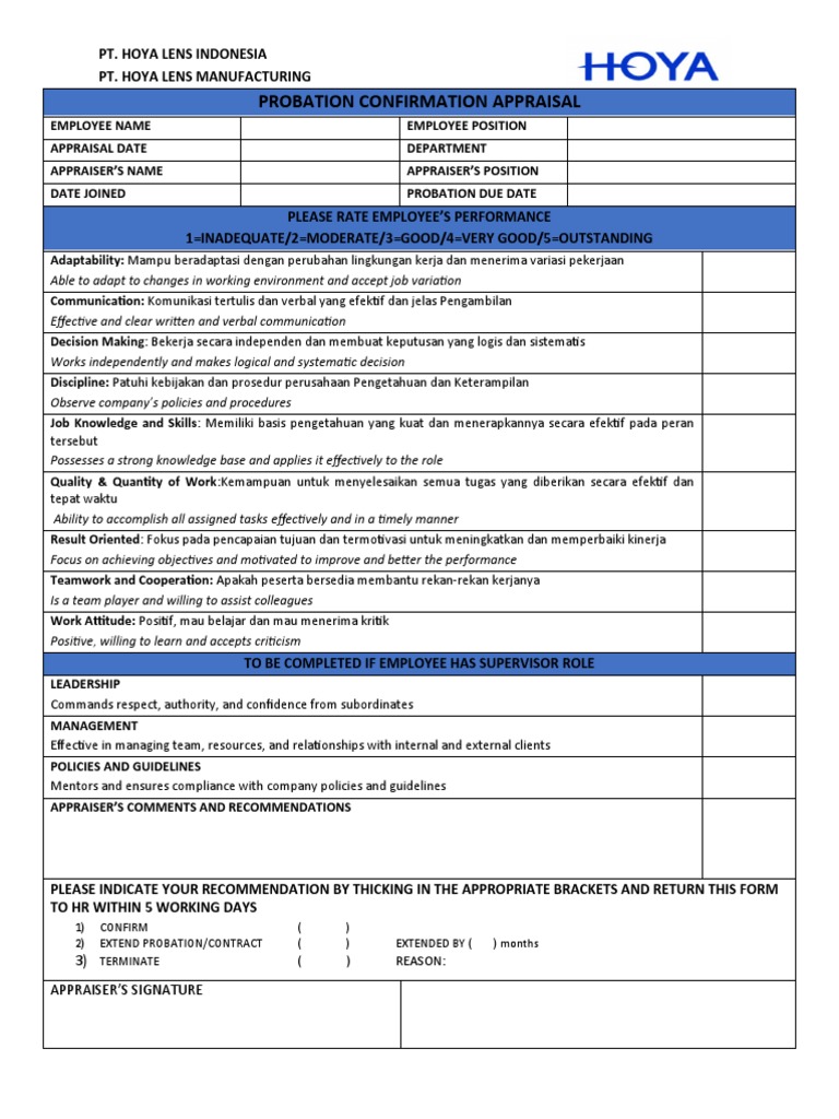 Probation Confirmation Appraisal Form | PDF | Leadership | Behavioural ...