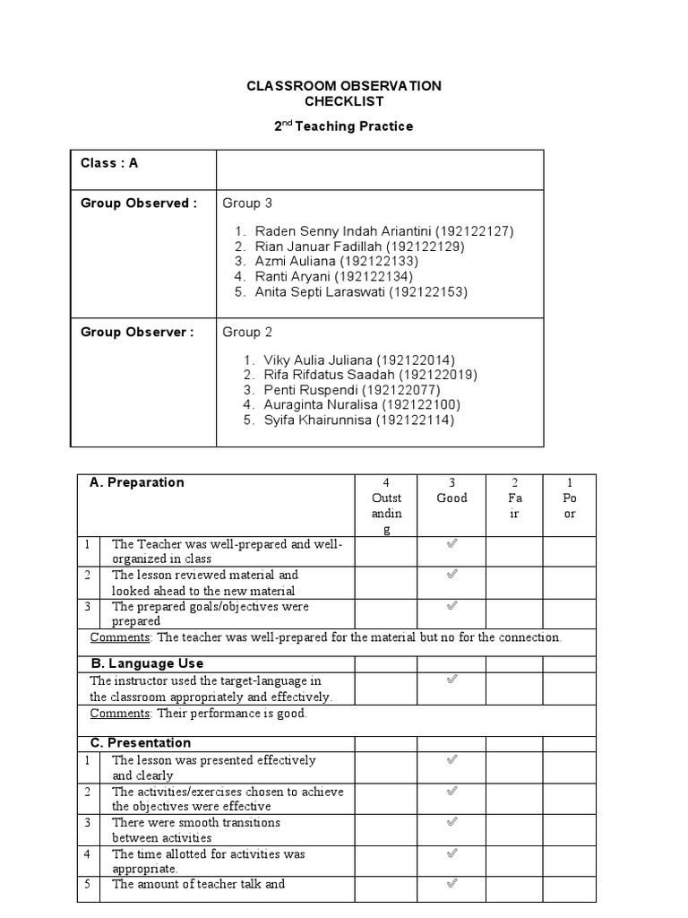Classroom Observation Checklist 2 Teaching Practice Class: A Group ...