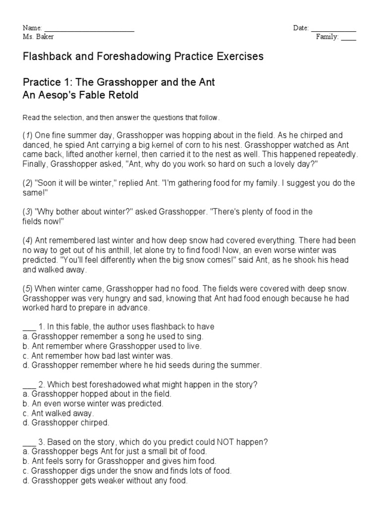 Flashback and Foreshadowing Practice Exercises Practice 1: The Grasshopper and The Ant An Aesop ...