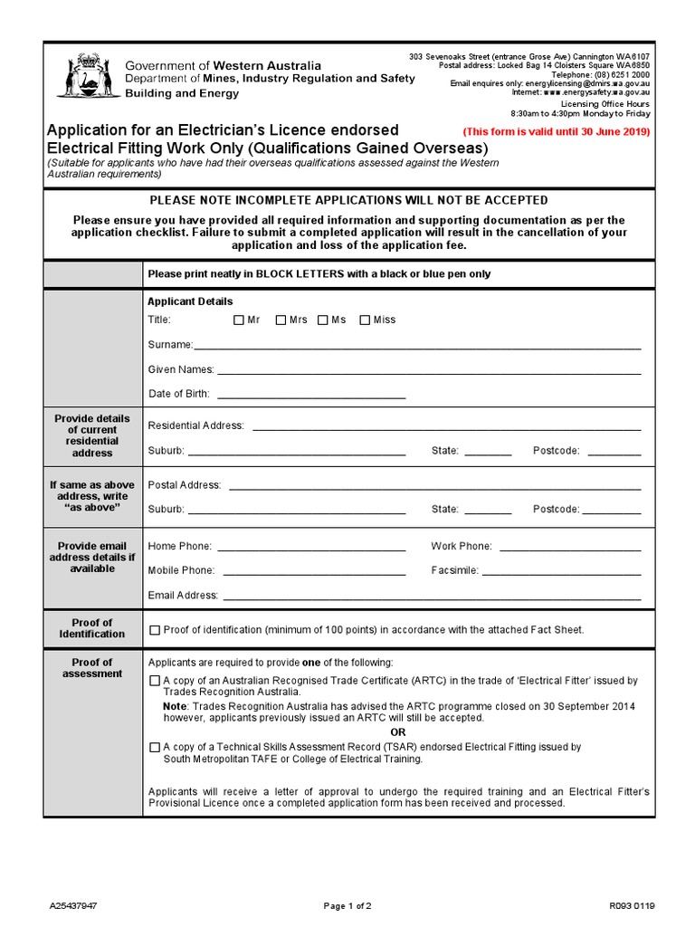 Application For An Electrician's Licence Endorsed Electrical Fitting ...