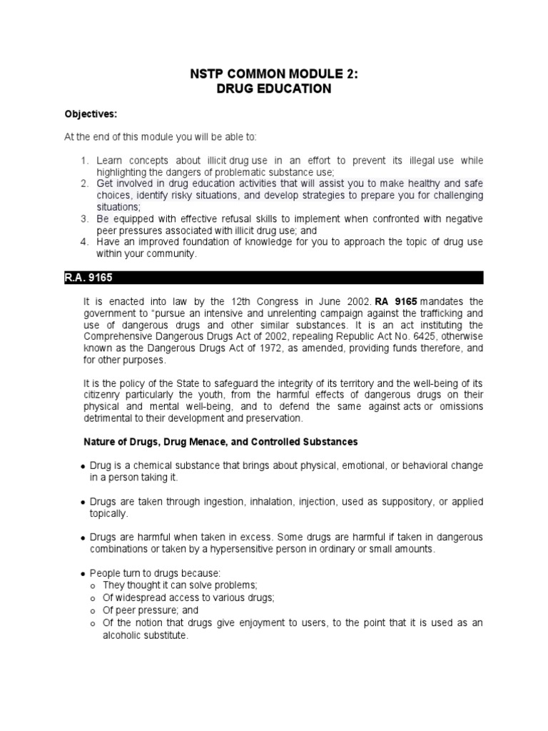 NSTP Common Module 2: Drug Education: Objectives | PDF | Substance ...
