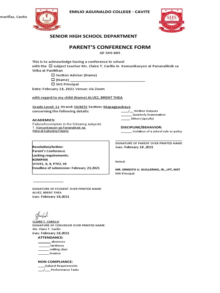1QF SHS 005 Parents Conference Form ALVEZ | PDF